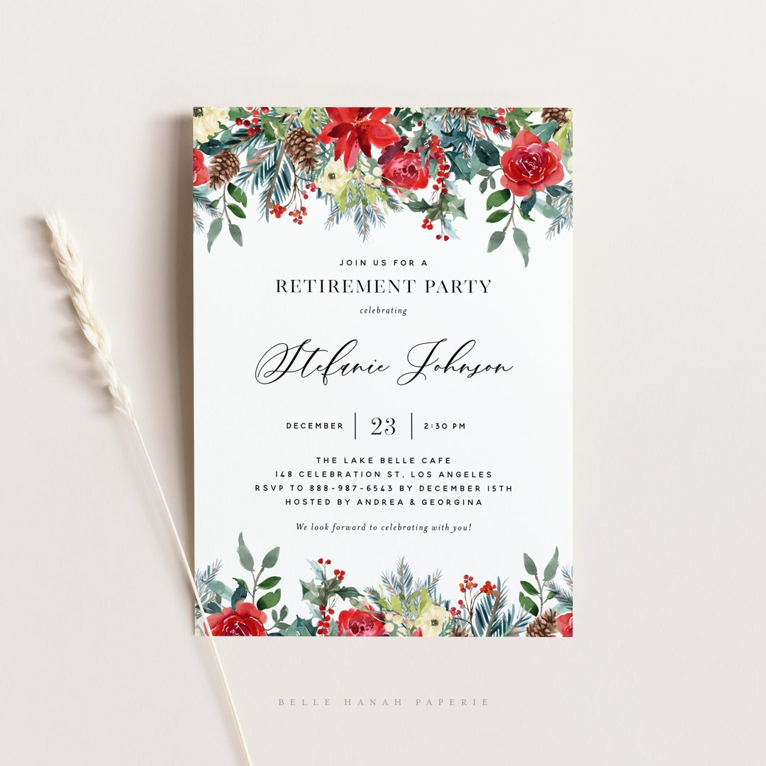 Printable Winter Floral Retirement Party Invitation Template ...