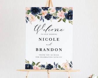 Navy and Pink Floral Wedding Welcome Sign Welcome Sign for Wedding With ...