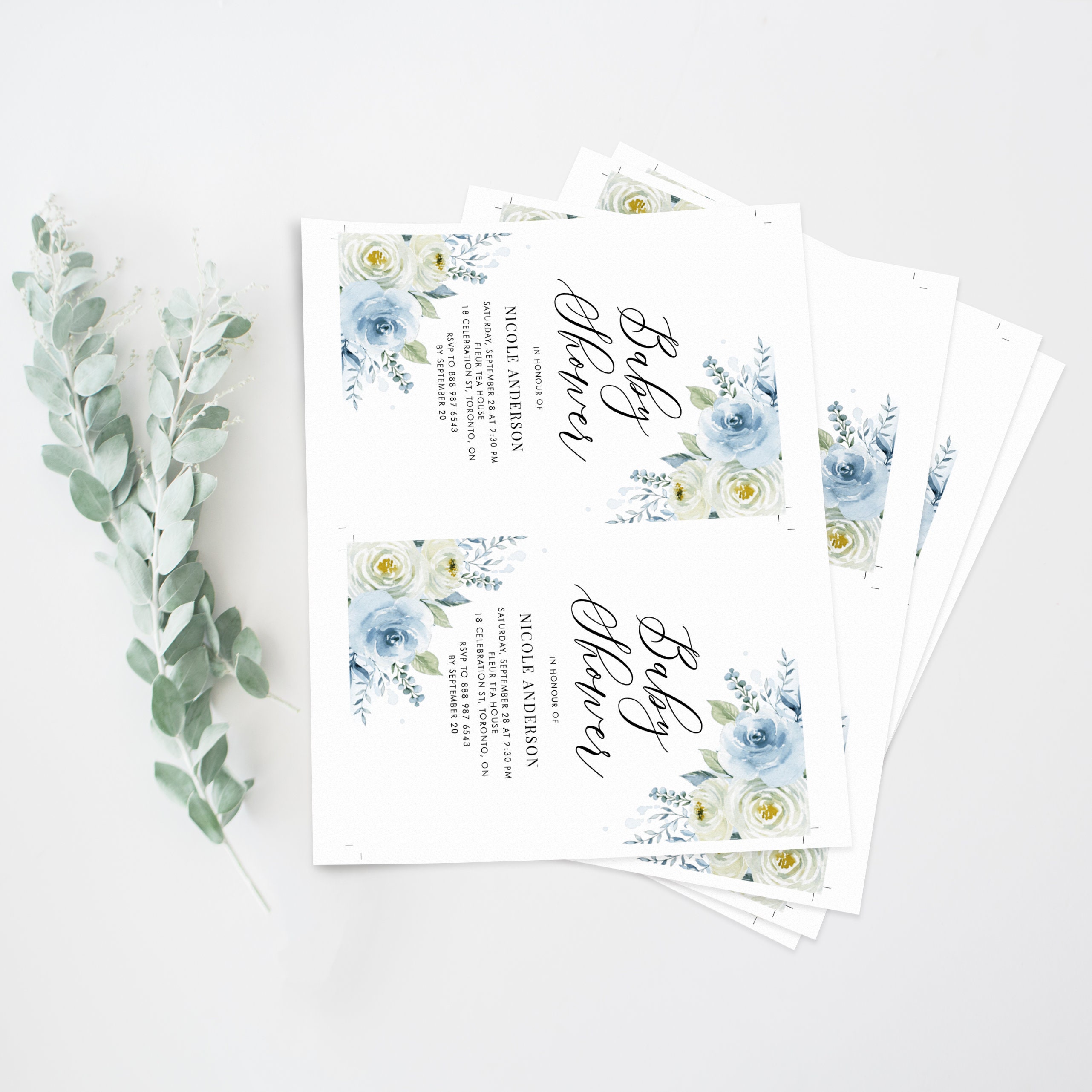 Printable Blue Floral Baby Shower Invitation Template | Etsy