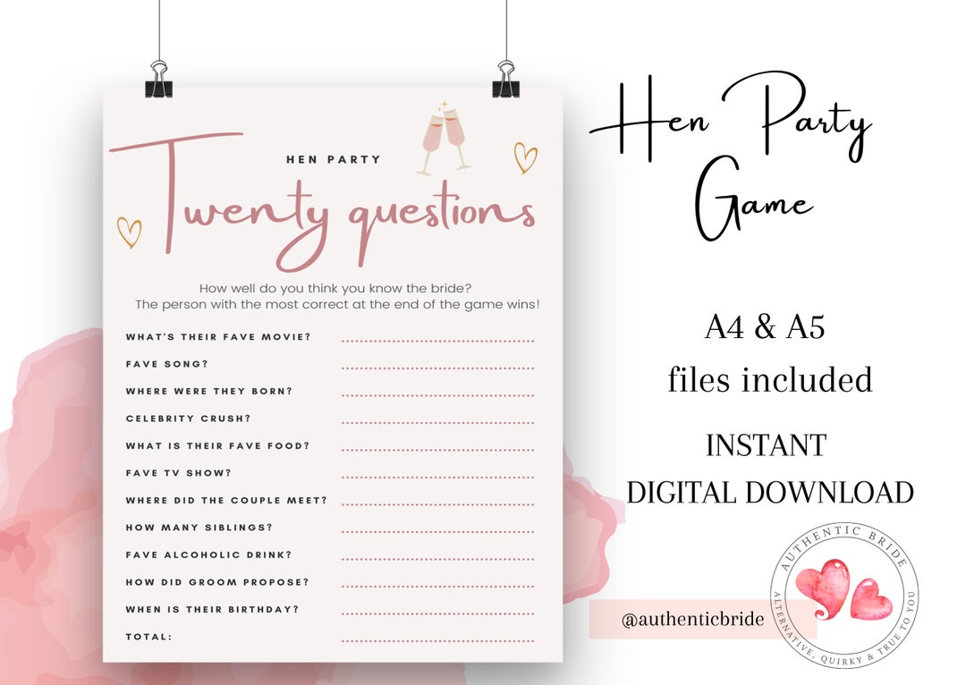 Printable Hen Party Game | Bride Twenty Questions | Bachelorette Party ...