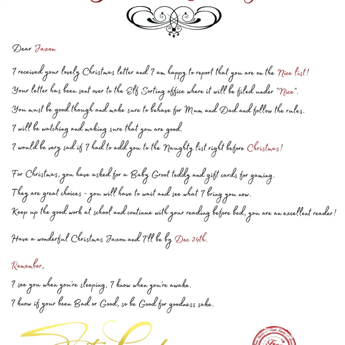 Digital Santa Letter, Edit Wording, Instant Download, Father Christmas ...
