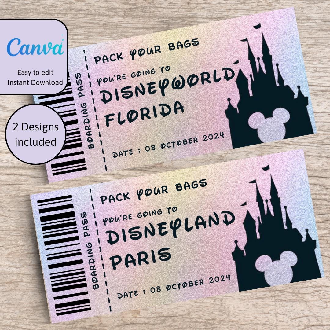 Disney Ticket, Surprise Disneyland Ticket, Disneyworld Ticket, Editable ...