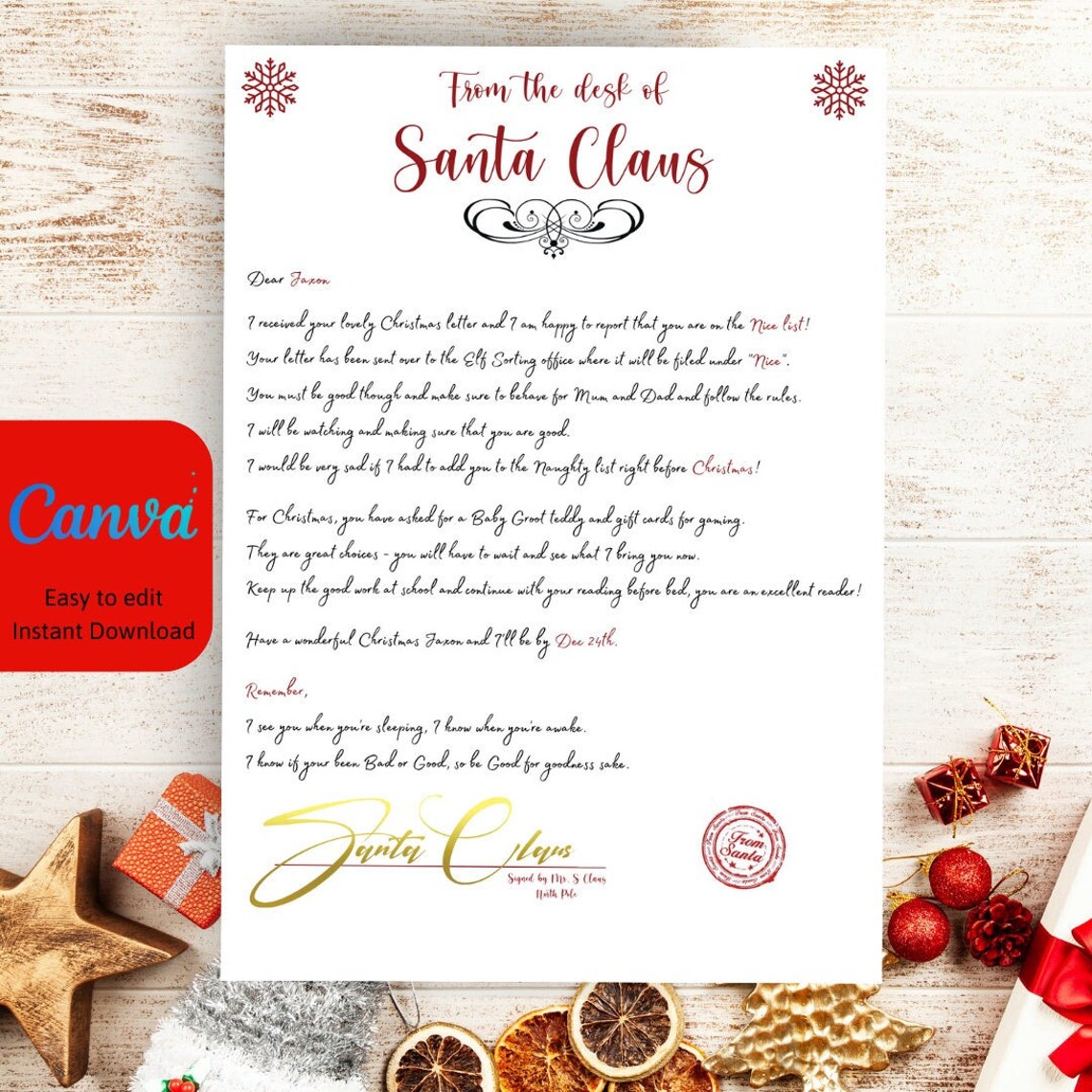 Digital Santa Letter, Edit Wording, Instant Download, Father Christmas ...