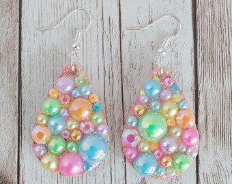 Bright Blue and Green Rhinestone and Pearl Teardrop Earrings - Etsy