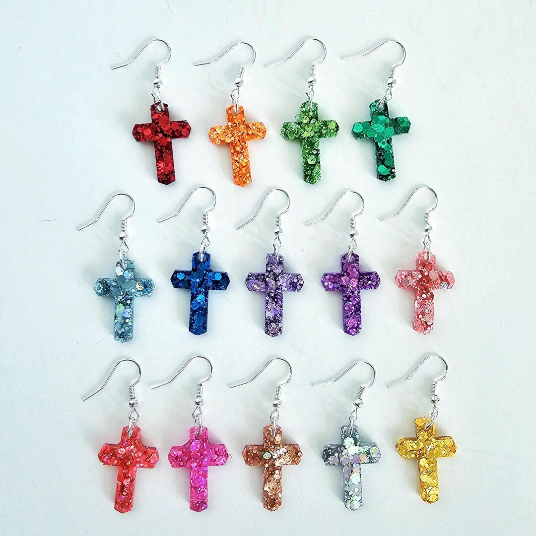 High Sparkle Holographic Cross Glitter Resin Earrings - Etsy