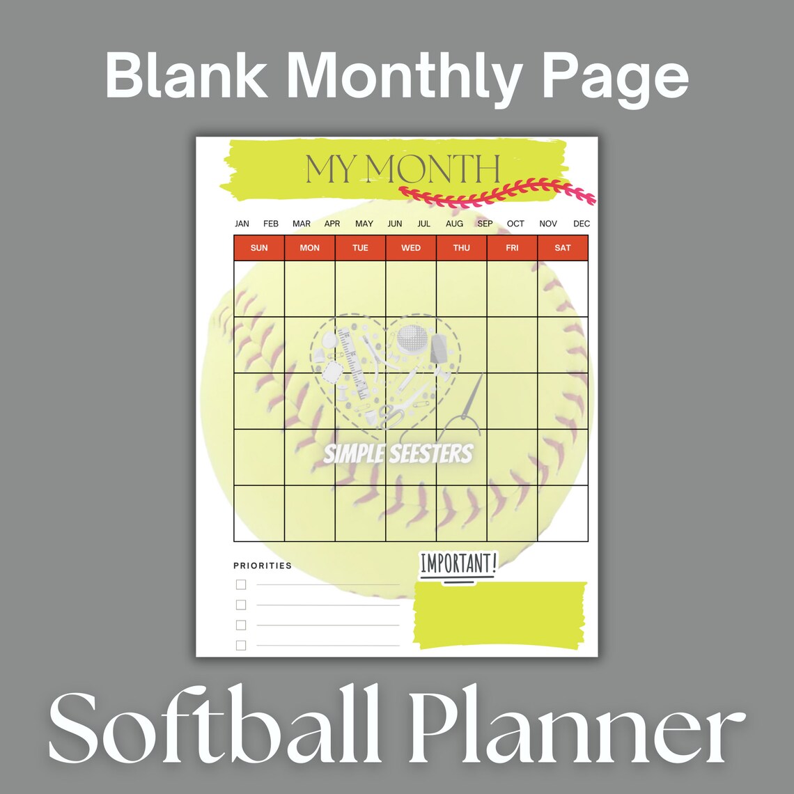 Softball Planner Printable PDF - No Dates. Blank Monthly Pages - Etsy