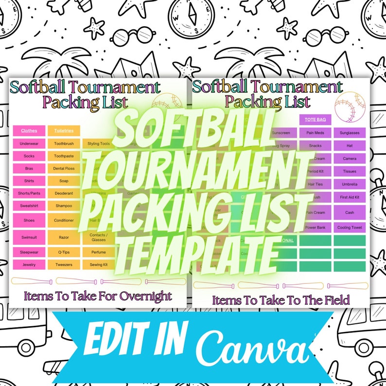 Softball Packing List CANVA TEMPLATE - Etsy