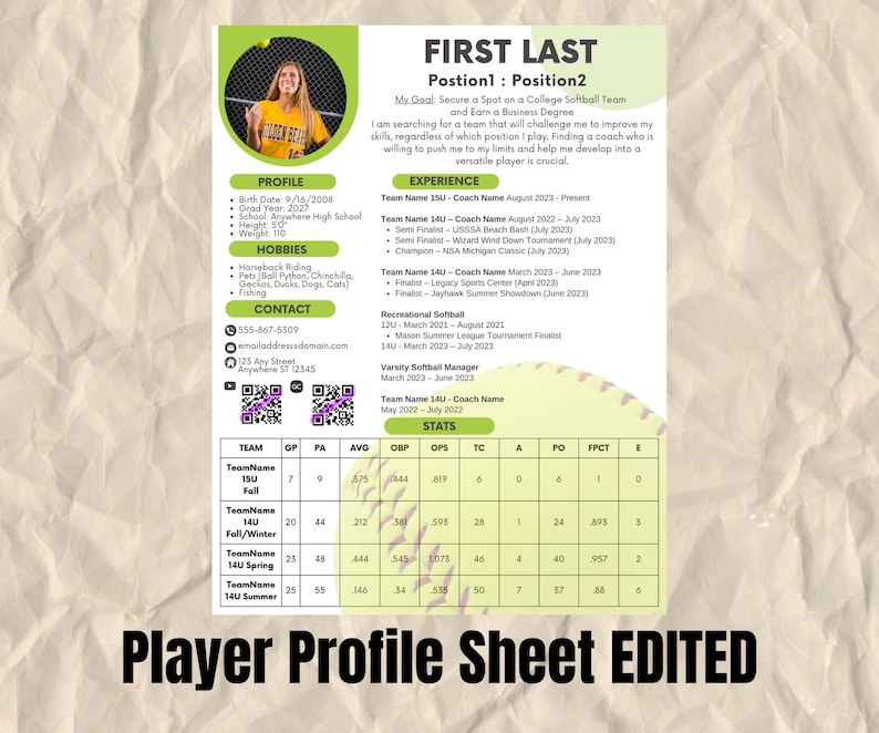 Player Profile Resume Sheet EDITED - Etsy