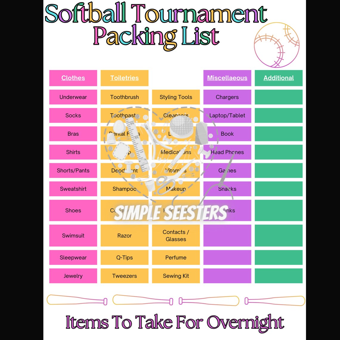 Softball Packing List Printable PDF - Etsy