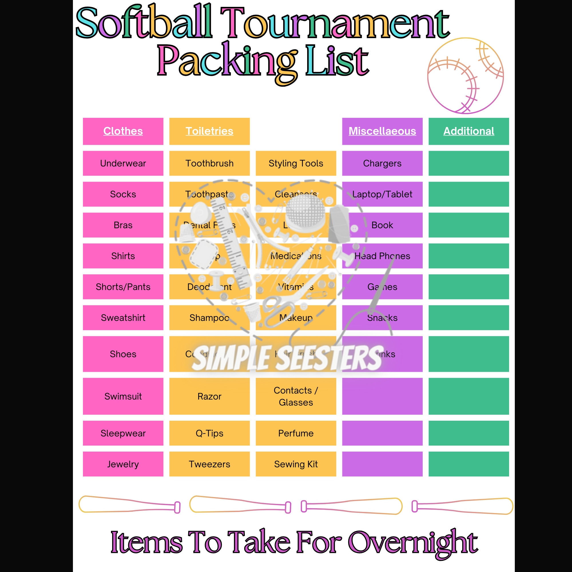 Softball Packing List Printable PDF - Etsy