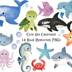 Cute Sea Creatures Clipart, Watercolor Sea Creatures Clip Art, Sea ...