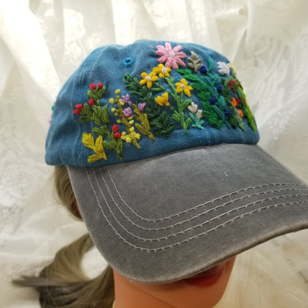 Summer Sale Hand Embroidered Baseball Cap, Birthday Gift, Wild Flowers ...