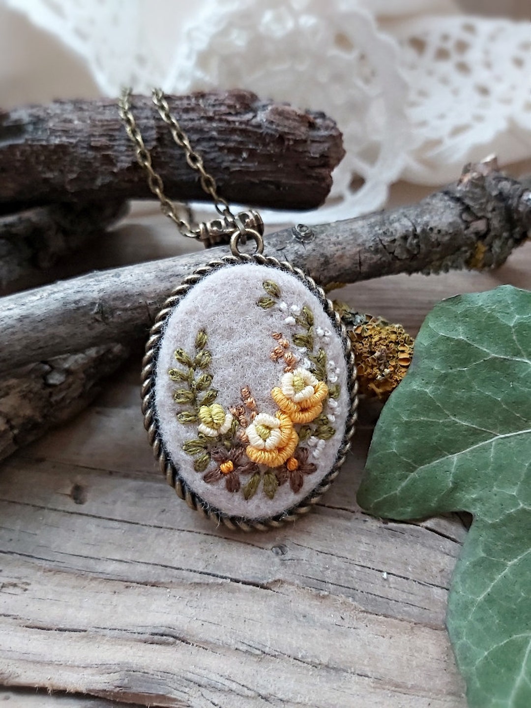 Hand Embroidered Pendant, Art to Wear, Romantic Necklace, Needle Felted ...