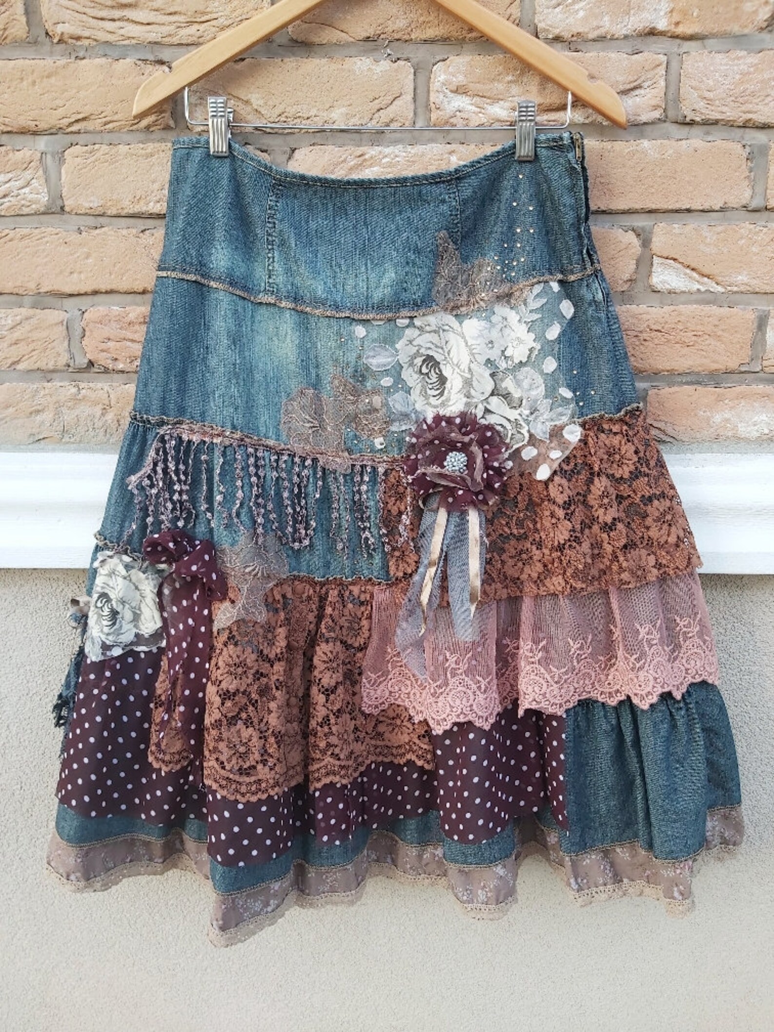 Denim Gypsy Skirt Boho Bohemian Blue Jeans Cotton Upcycled Reworked ...