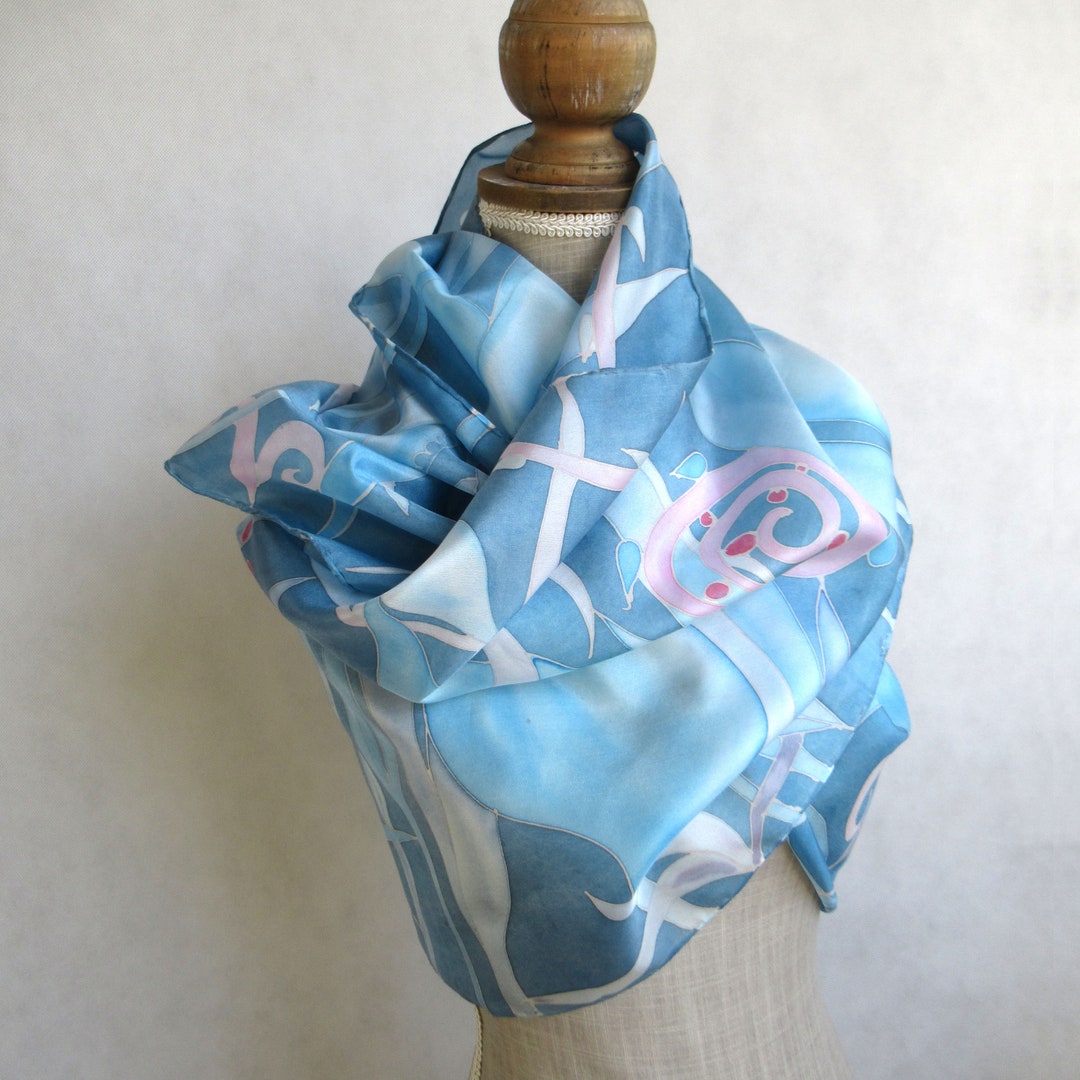Blue and Pink Hand-painted Silk Scarf tube With Plant Motifs - Etsy