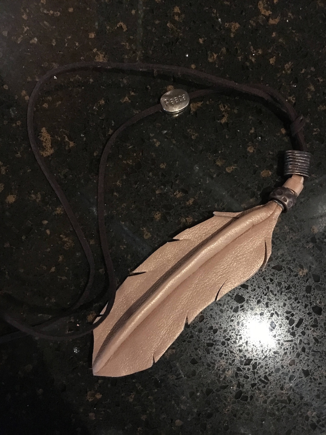 Necklace: Leather Feather Adjustable Cord, Peace Bead - Etsy