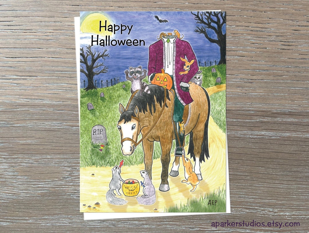 Halloween Card, Headless Horseman Card With Horse, Cat, Raccoon, Mice ...