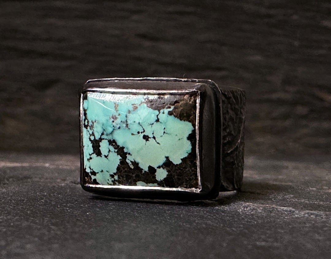 Natural Blackjack Turquoise Wide Reticulated Sterling Silver Ring, Rare ...