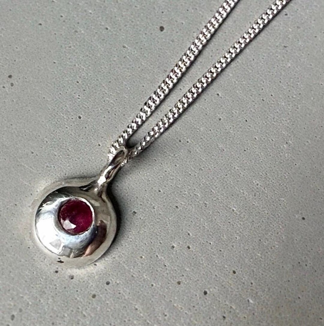Faceted Ruby Pendant Necklace, Sterling Silver Pebble Charm, Minimalist ...