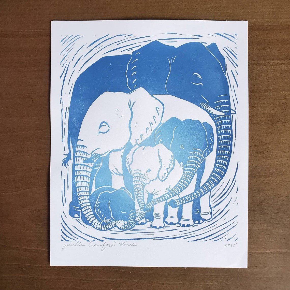 Elephant Family of 5 Linocut Print Elephant Nursery Print | Etsy