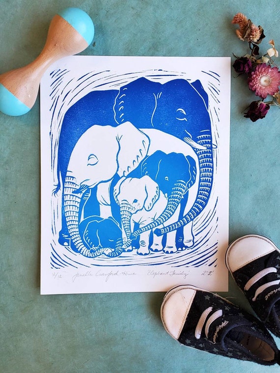 Elephant Family of 5 Linocut Print Elephant Nursery Print | Etsy