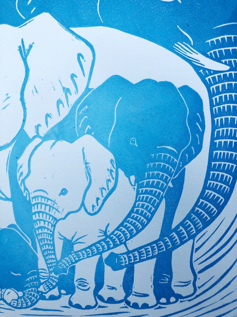 Elephant Family of 5 Linocut Print Elephant Nursery Print | Etsy