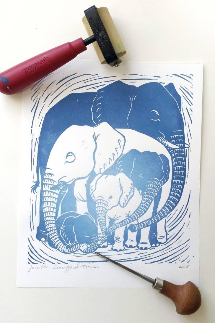 Elephant Family of 5 Linocut Print, Elephant Nursery Print, Mother's ...