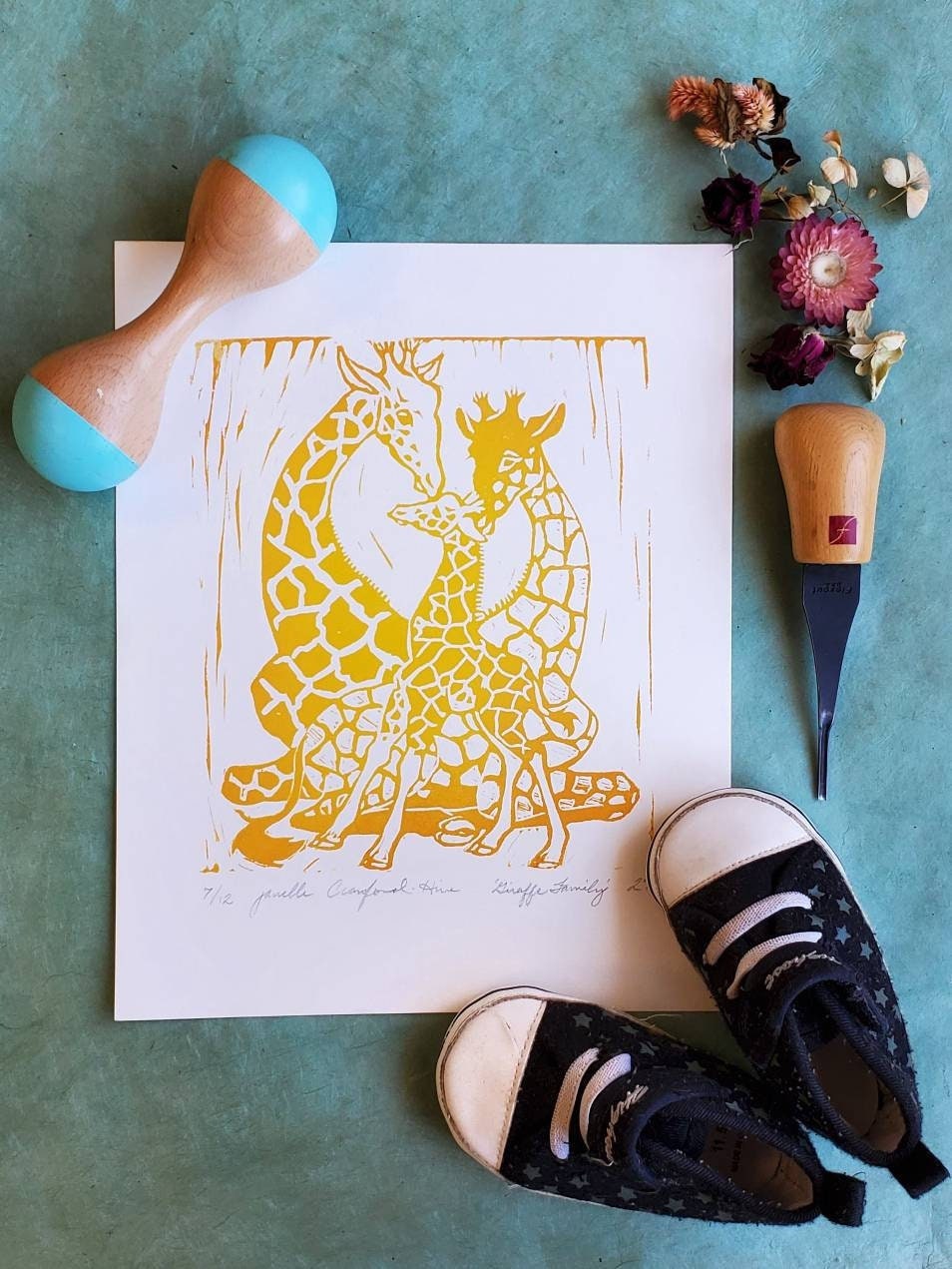 Giraffe Family Linocut Print, Giraffe Nursery Art, Giraffe Art, Giraffe ...