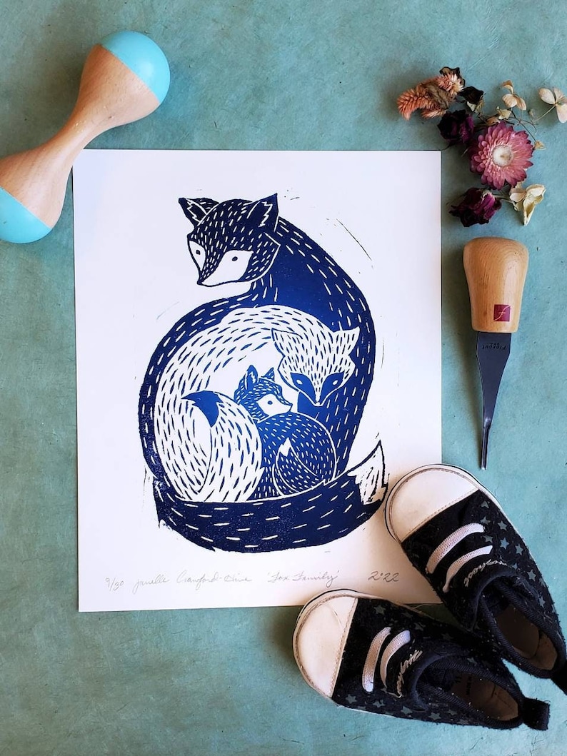 Fox Family Linocut Print Fox Nursery Art Fox Illustration | Etsy