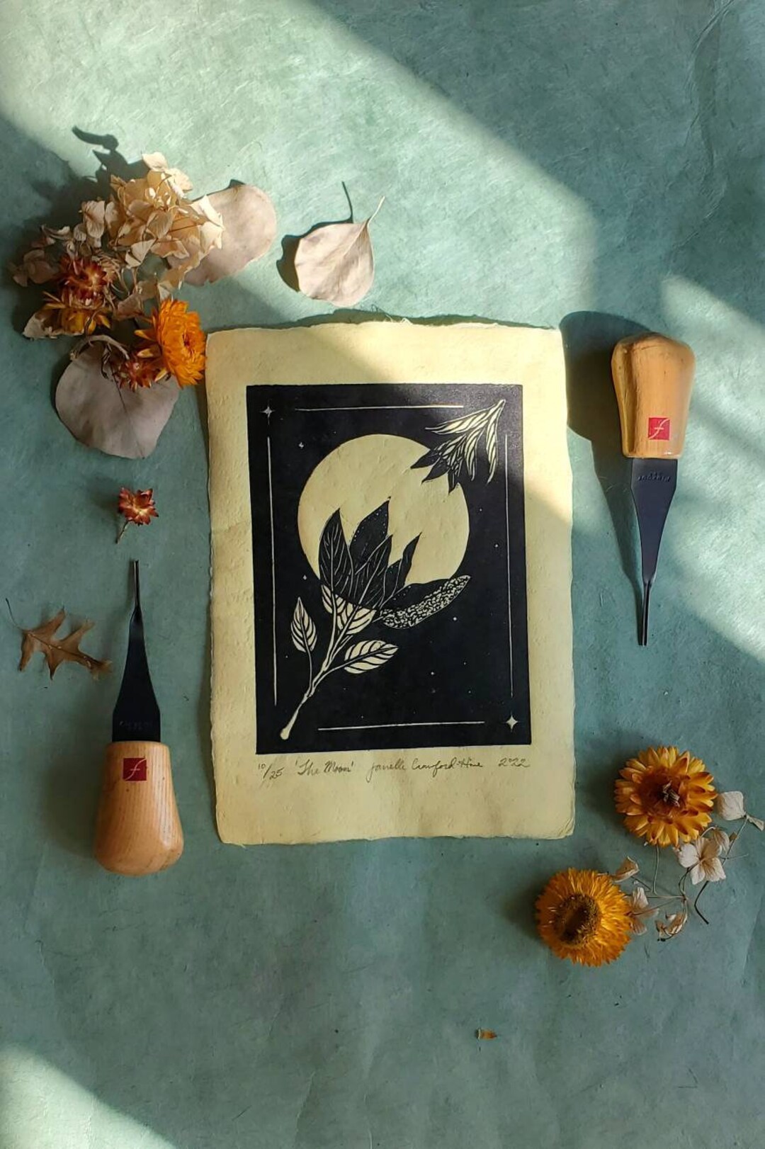 Linoleum Cut Sage Moon Print, Handmade Kozo Paper, Tarot Art - Etsy