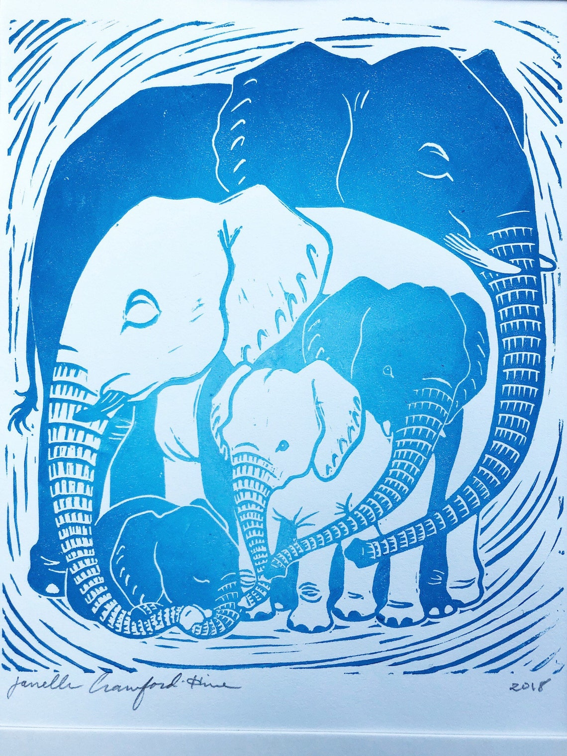 Elephant Family of 5 Linocut Print Elephant Nursery Print | Etsy