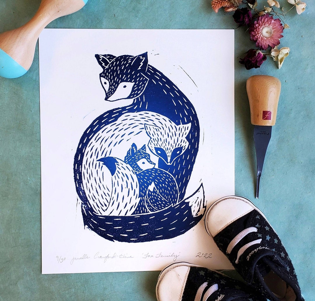 Fox Family Linocut Print, Fox Nursery Art, Fox Illustration, Fox Baby ...