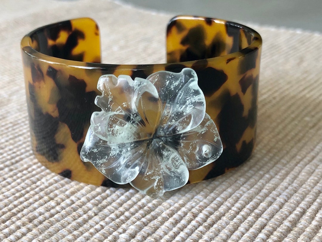 Tortoise Shell Quartz Cuff. Floral Carved Stone Bracelet. Gold Brown ...