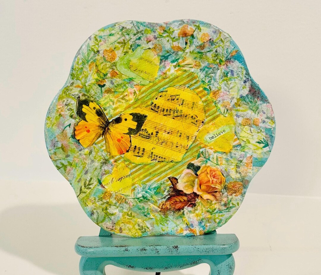 8x8 Original Mixed Media. Butterfly Yellow Paper Collage. Spring Floral ...