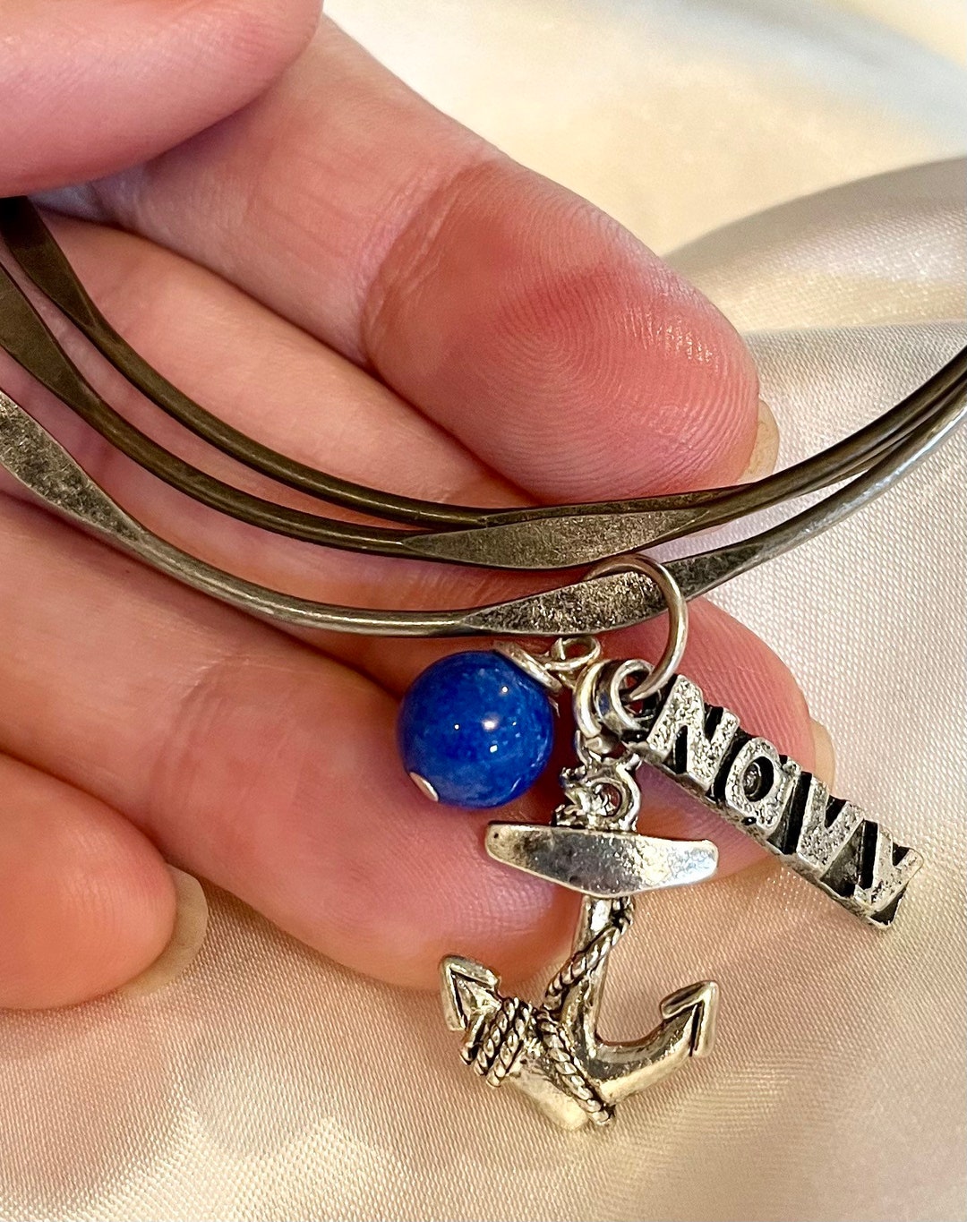 Anchor Navy Charm Bangle Bracelet Silver Pewter Stone Charms With ...