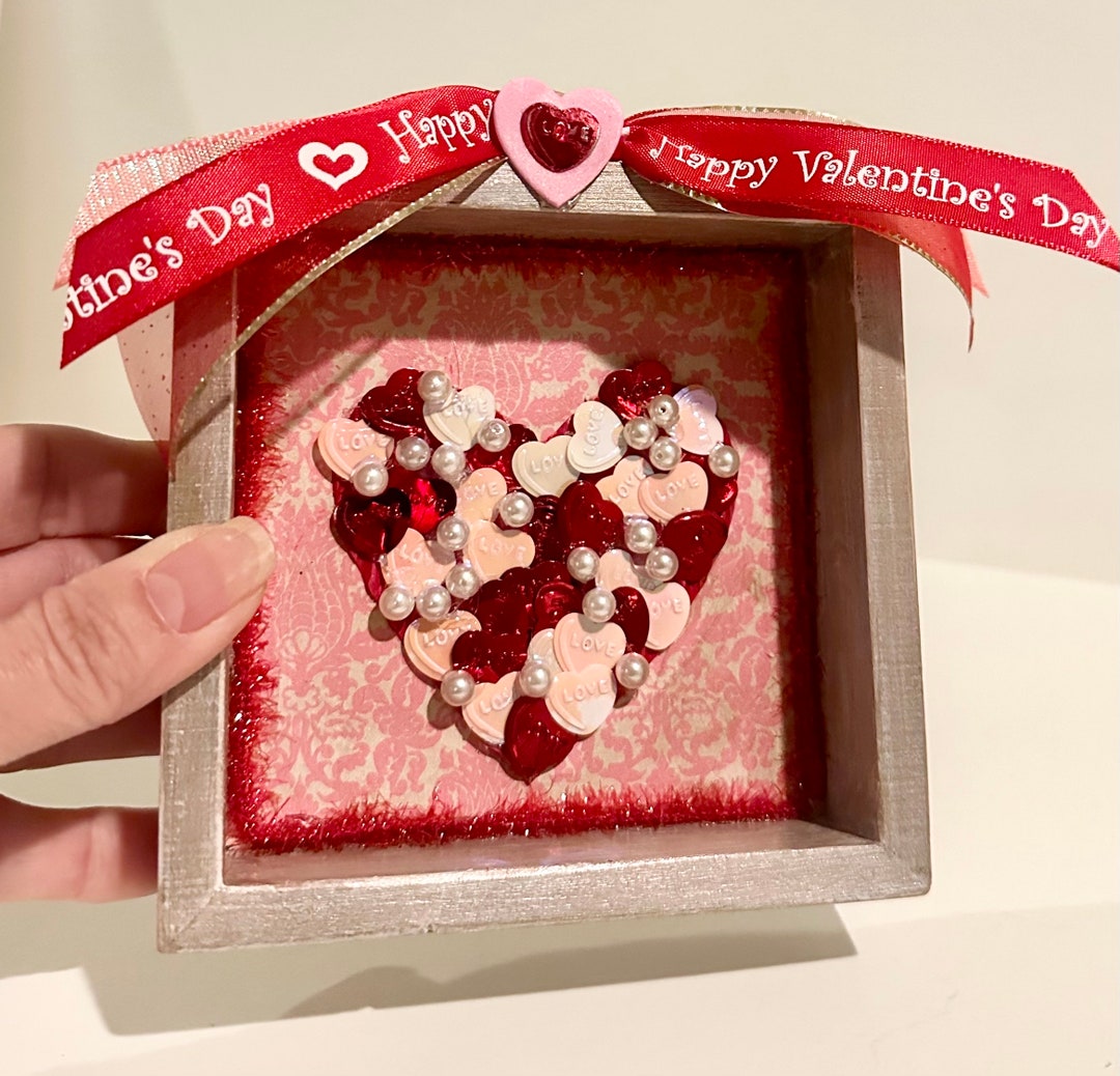 Original Valentine Mixed Media. Mini Shadow Box Canvas. 5x5 Heart Paper ...