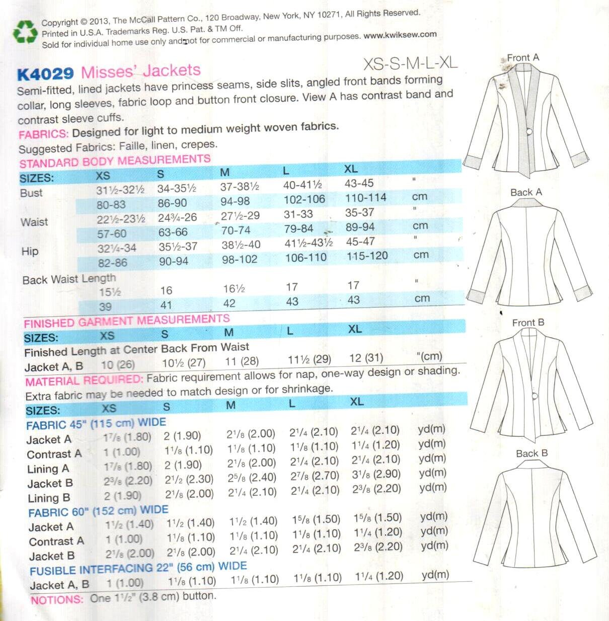 LOT of 2 UNCUT Ladies Jacket Patterns Kwik Sew 4029, Sz 8-22/bust 31.5 ...