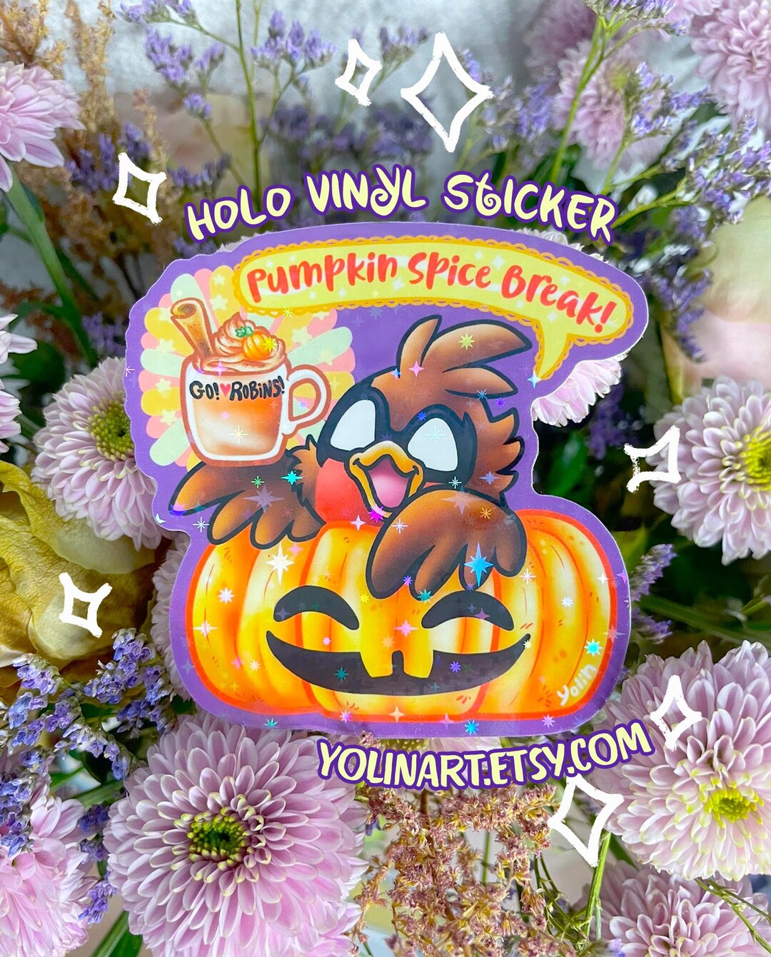 Holographic Vinyl Sticker Go!robins! Halloween Pumpkin Spice Break Tim ...