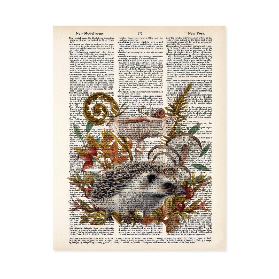 Hedgehog Mushroom Fall Foliage Print on Salvaged Dictionary Page - Etsy