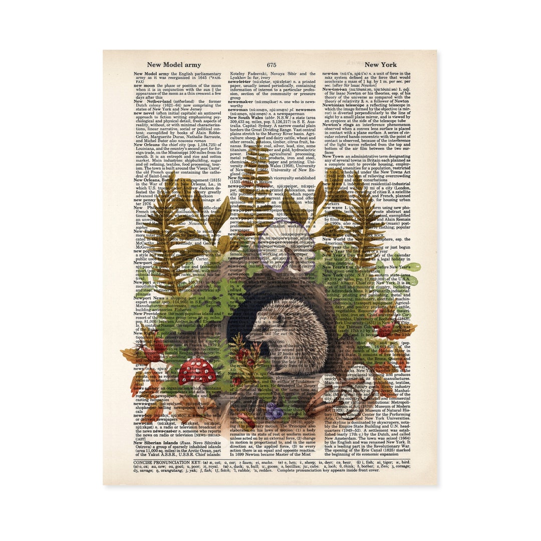 Hedgehog Den Mushroom Fall Foliage Print on Salvaged Dictionary Page - Etsy