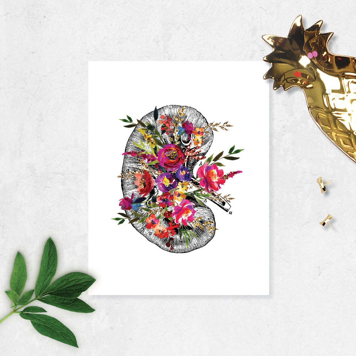 Anatomical Kidney With Watercolor Flowers in Pinks, Purples, and ...
