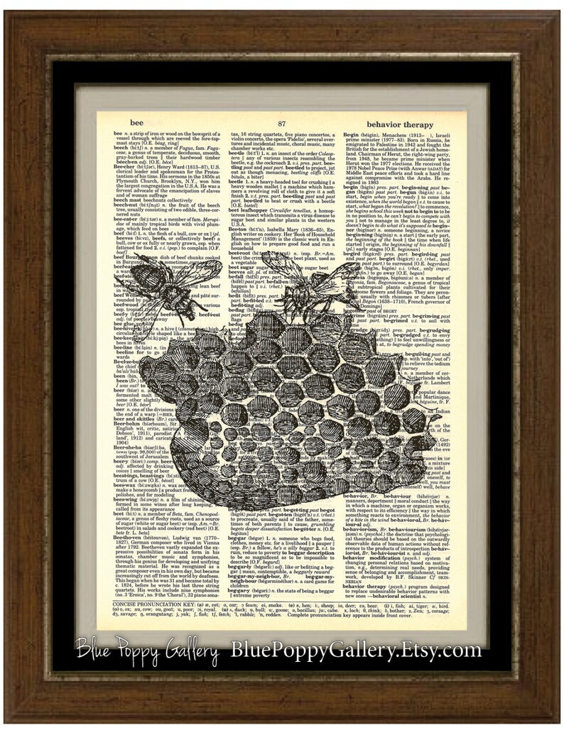 Honeycomb Honey Bees Vintage Etching Dictionary Page Art | Etsy