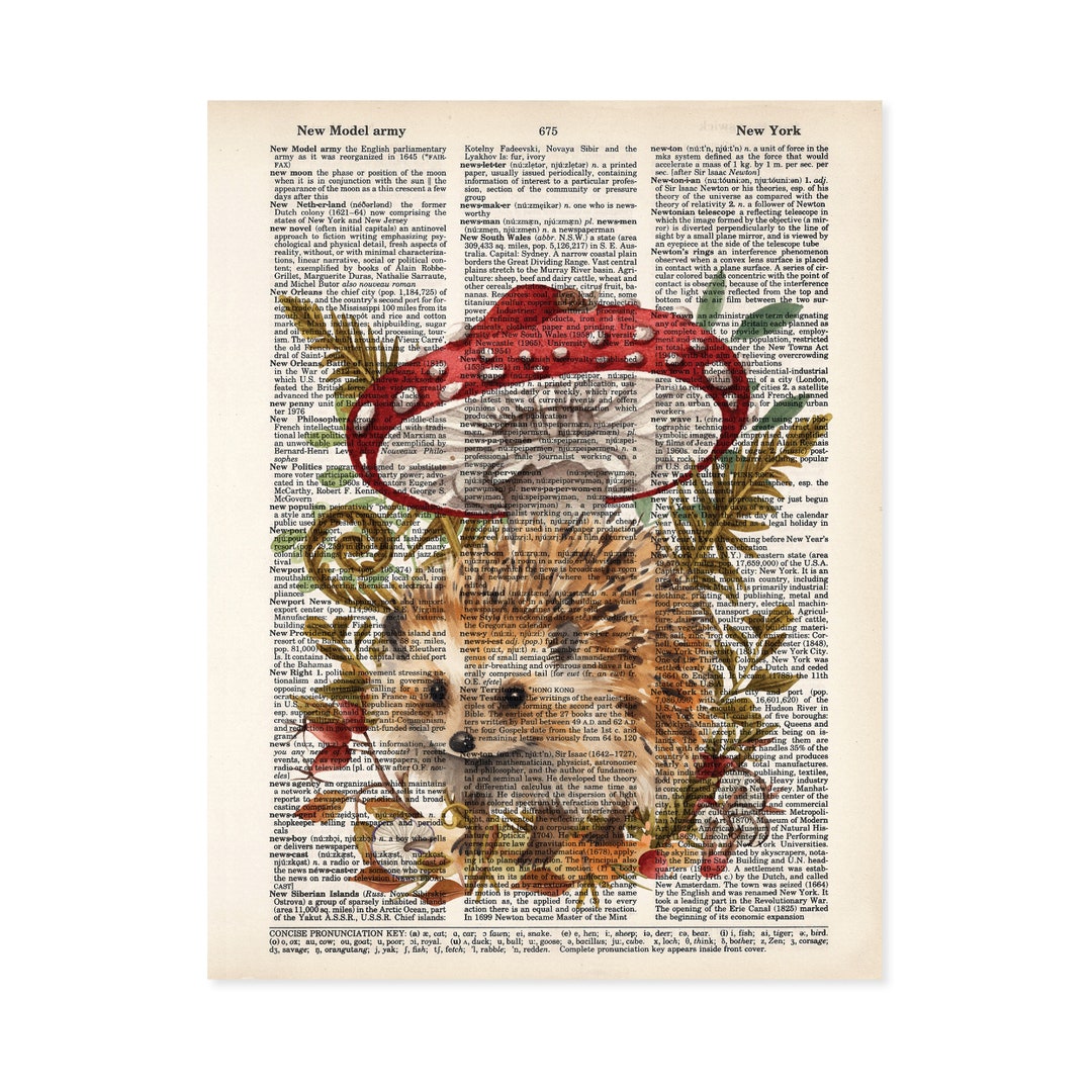 Hedgehog Red Mushroom Fall Foliage Print on Salvaged Dictionary Page - Etsy