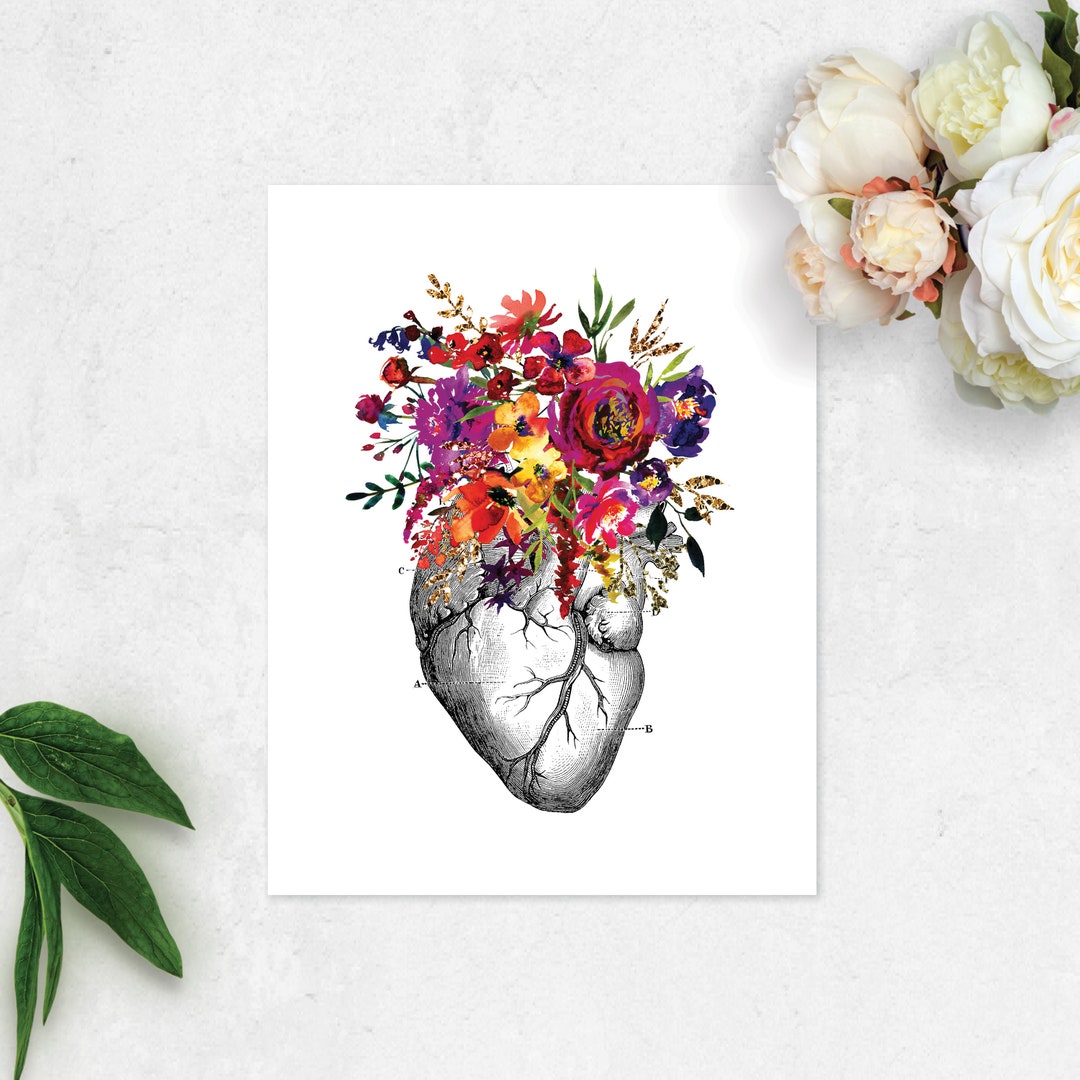 Anatomical Heart Art, Heart With Flowers, Heart Surgery Gift, Cardiac ...