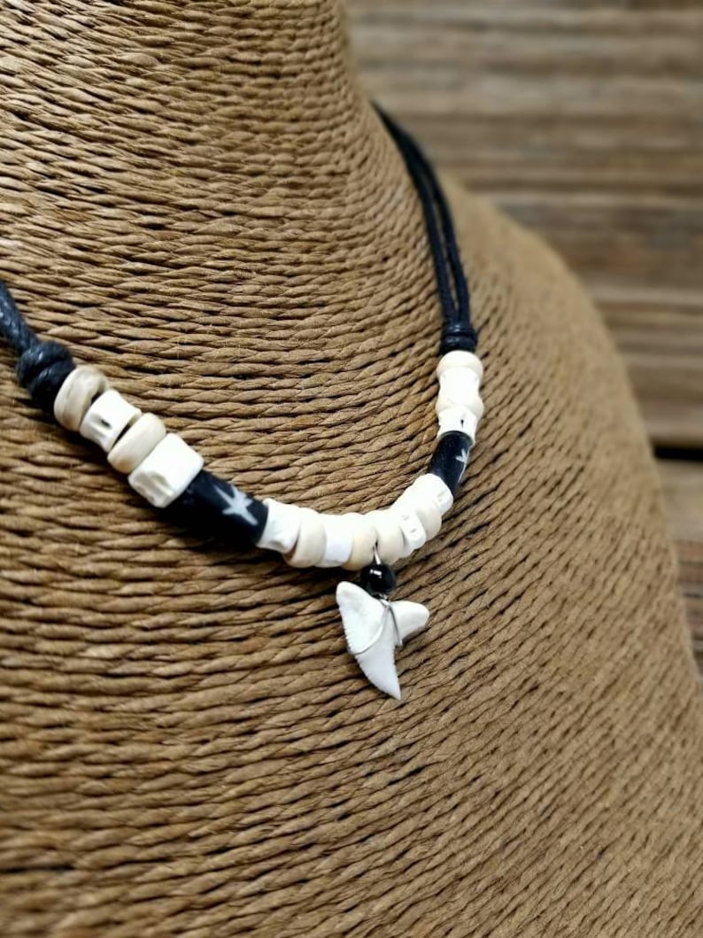 Shark Tooth Necklace/ Shark Tooth Black Cream Color Beads | Etsy
