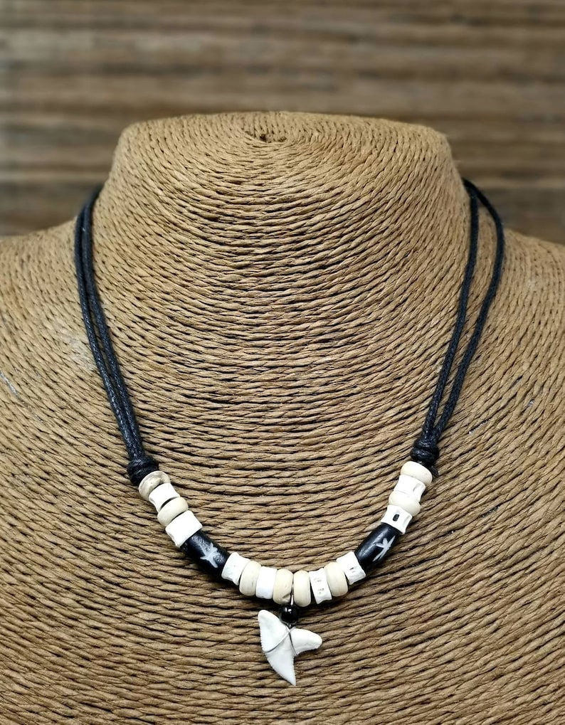 Shark Tooth Necklace/ Shark Tooth Black Cream Color Beads | Etsy
