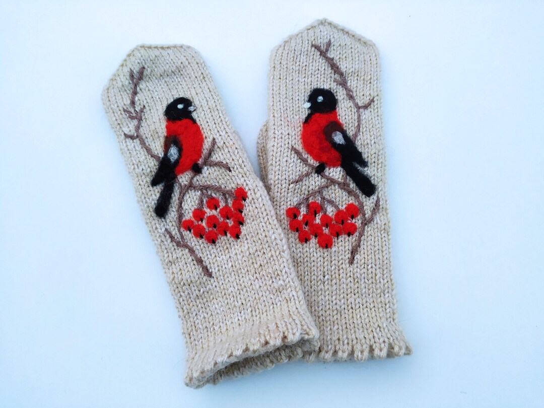 Warm Hand Knitted Mittens With Embroidery Bird With Wool Felt, Gift for ...