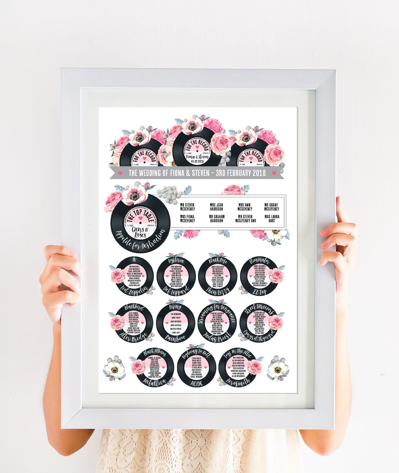 Wedding Table Plan - Printed Floral Vinyl Record Design (unframed) Pink ...