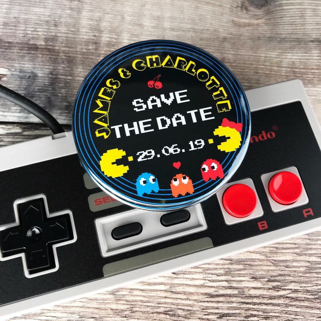 Wedding Save the Date Magnets Retro Pacman Design Complete With Organza ...