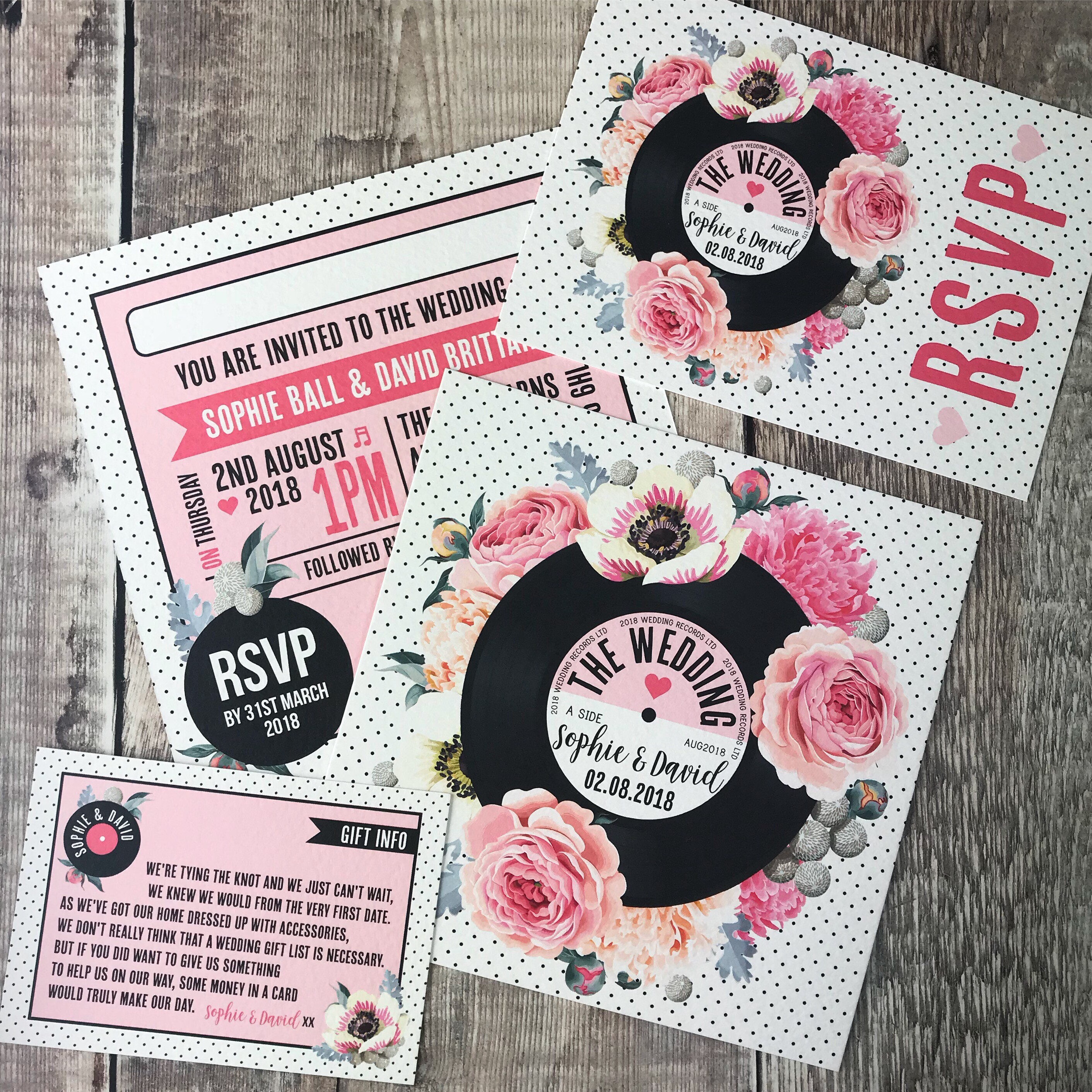Wedding/ Party Invitations Floral Vinyl Record Design pink - Etsy UK